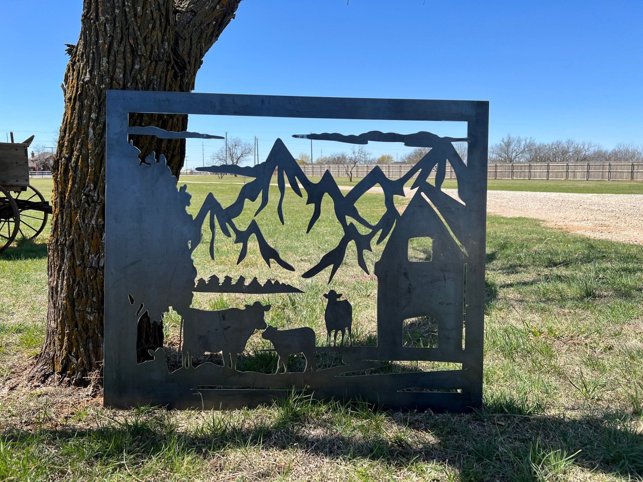 Decorative Rustic Metal Panel. Farm Scenery with Barn & Cow – Wood ...